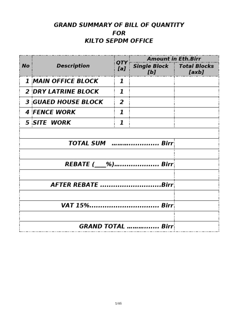 Kilto SEPDM Office BOQ Summary | PDF | Concrete | Masonry