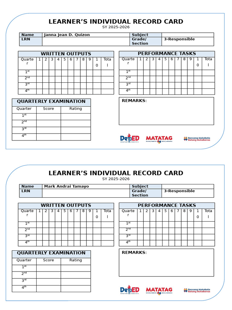 Learner's Individual Record Card (Word) | PDF