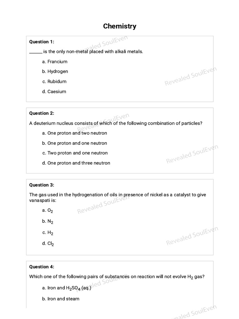 Hydrogen Chemistry Quiz Questions | PDF | Hydrogen | Hydride