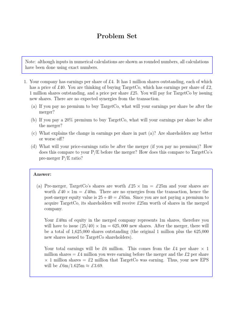 9.1 Problem Set Solutions | PDF | Mergers And Acquisitions | Price ...