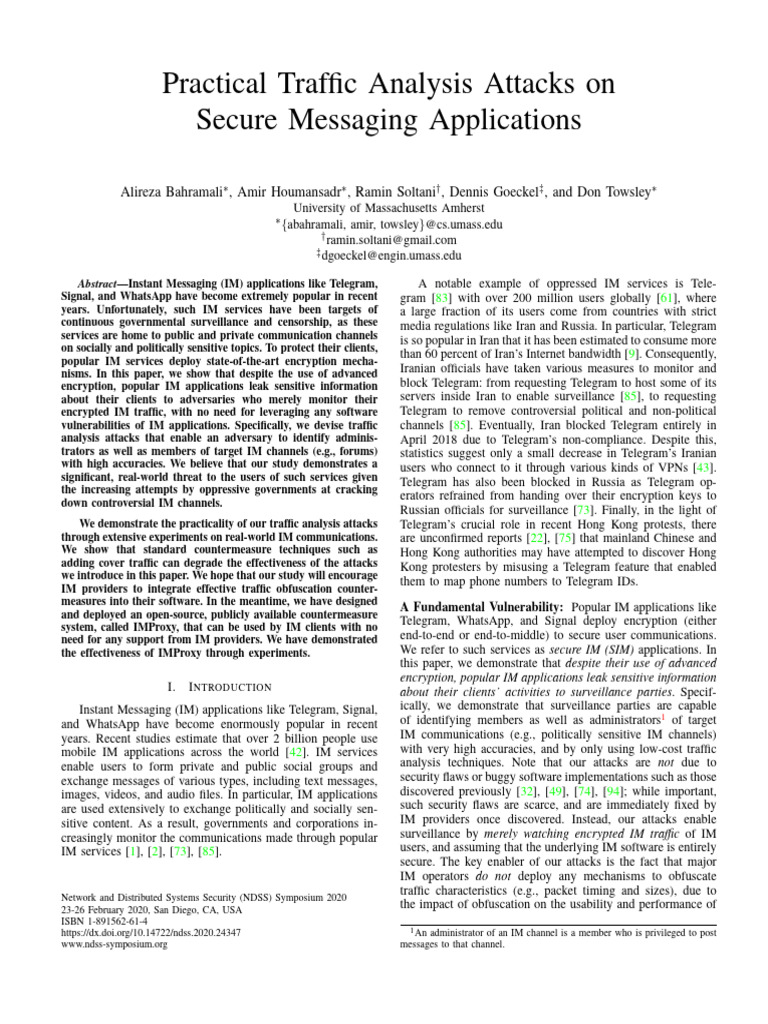 Practical Traffic Analysis Attacks on Secure Messaging Applications | PDF | Computer Security ...