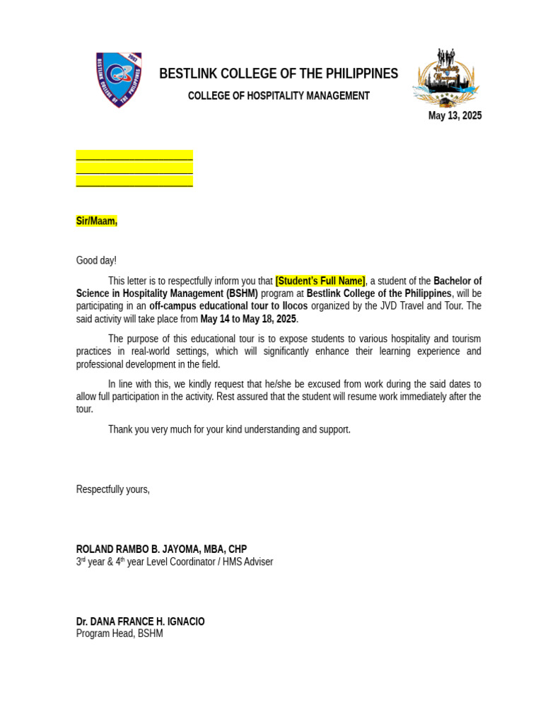 BSHM Student Educational Tour Notice | PDF