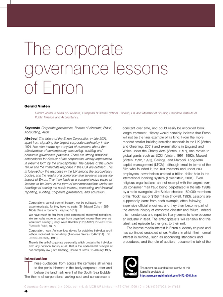 Corporate Governance at Enron | PDF | Audit | Accounting