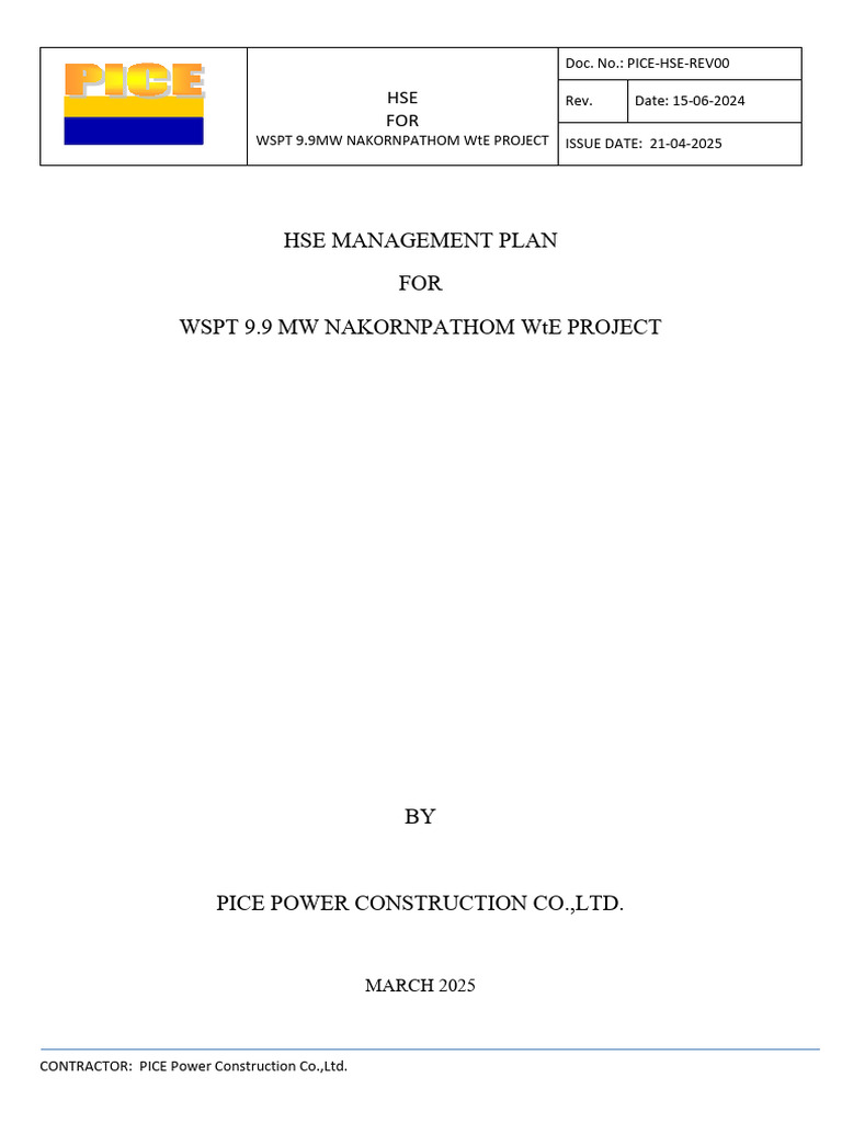 HSE Management Plan - PICE - REV01 | PDF | Risk | Safety