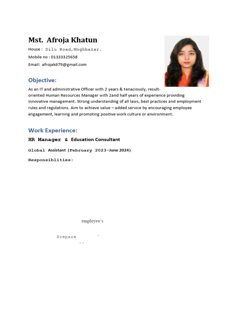 Resume of MST - Afroja Khatun | PDF | Human Resources | Backup