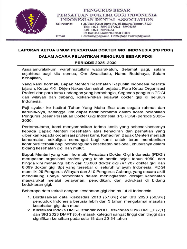 Laporan KETUM Pada Pelantikan PB PDGI PERIODE 2025-30 | PDF