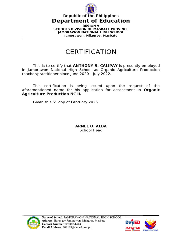 Certification for Organic Agriculture Teacher | PDF