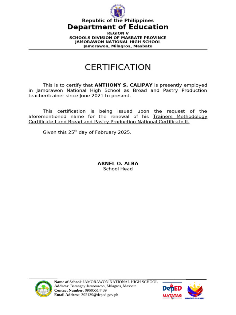 Certification For Renewal of TMC I and NC II | PDF