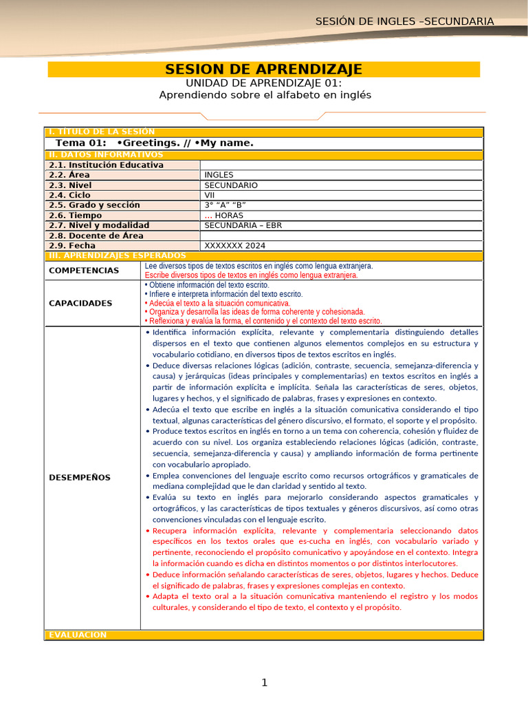 3° Sec. Sesion Actv 01 Ingles 2024 | PDF | Enseñando | Aprendizaje