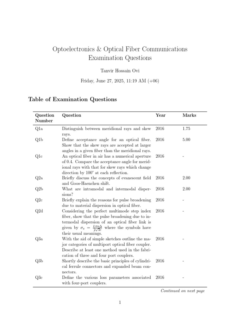 EEE 817 Question Analysis (Tabular Format) | PDF | Optical Fiber | Laser