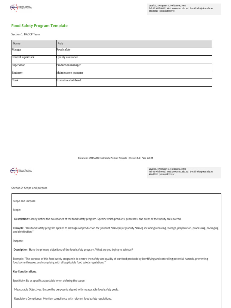 NTCA230335 - SITXFSA008 Food Safety Program Template | PDF | Food ...