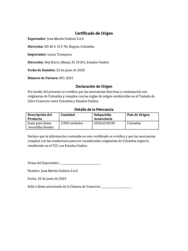 Certificado de Origen - Exportación Jeans | PDF