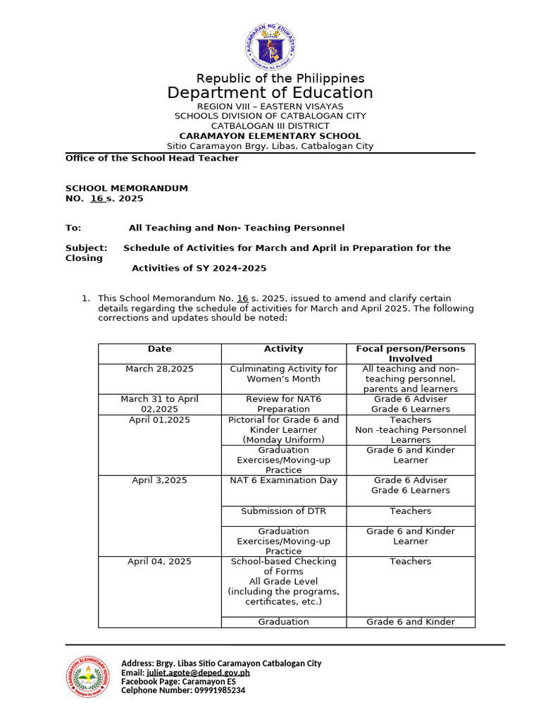 School Memo Schedule of Activities | PDF