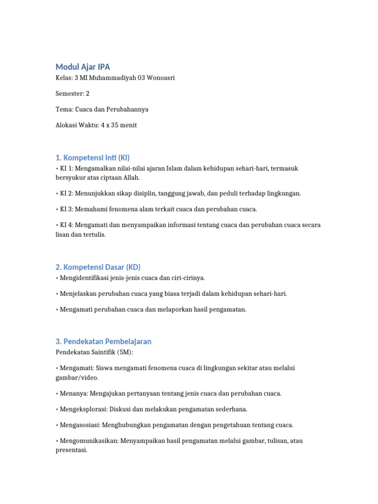 Modul Ajar IPA Cuaca Dan Perubahannya Kelas3 MI Muhammadiyah 03 Wonoasri | PDF