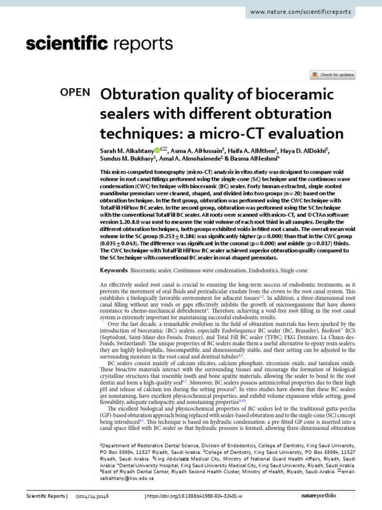 Obturarion Quality of Bioceramic Sealers With Different Obturation ...