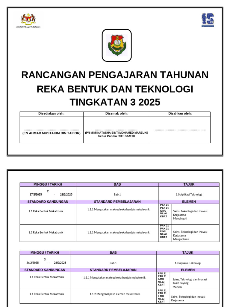RPT RBT Tingkatan 3 2025 | PDF