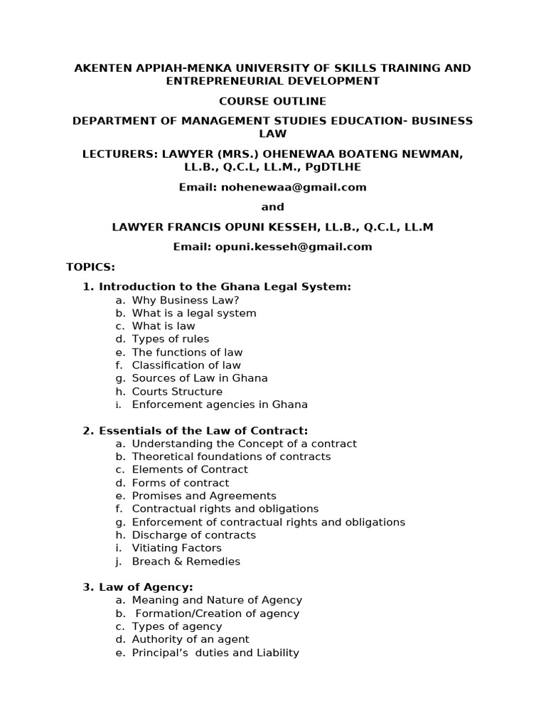 Ghana Business Law Course Outline | PDF | Law Of Agency | Employment