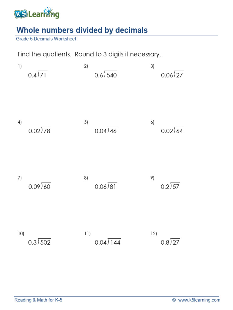 Grade 5 Divide Whole Numbers by Decimals B | PDF