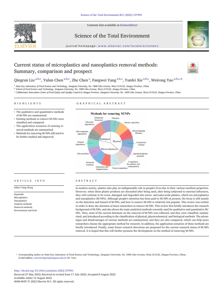 Current Status of Microplastics and Nanoplastics Removal Methods | PDF ...