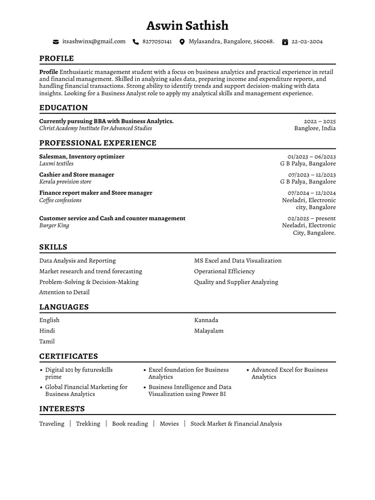 Aswin Sathish Business Analyst Resume 2025 | PDF | Analytics | Business