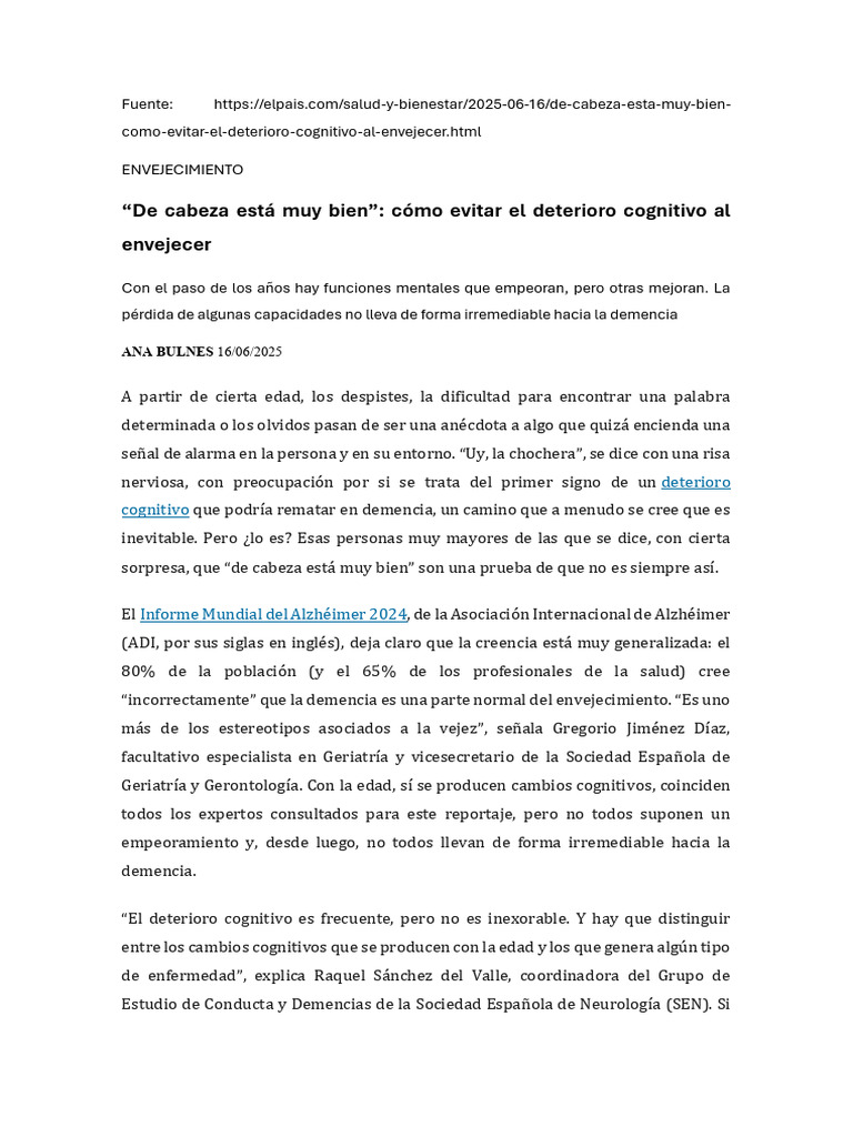 Envejecimiento Y Cognicion Pdf Memoria Demencia