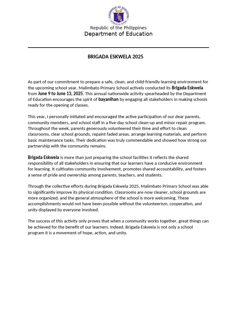 Narrative Report Brigada Skwela 2025 | PDF | Schools | Classroom