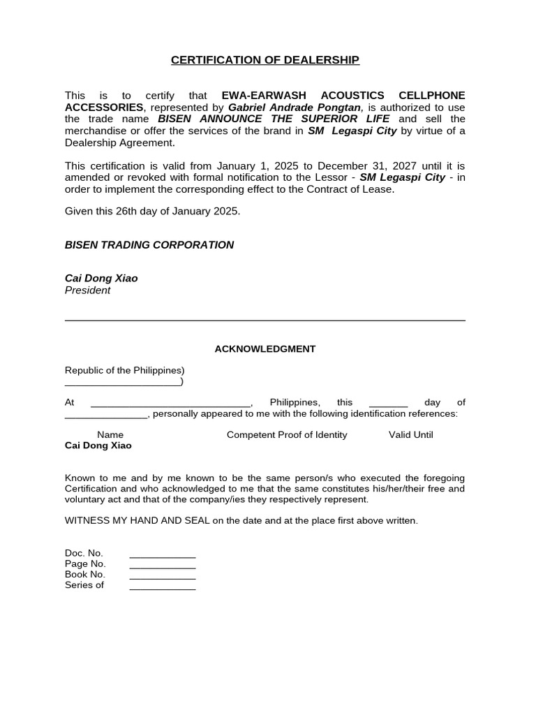 Certification of Dealership Distributorship BISEN | PDF