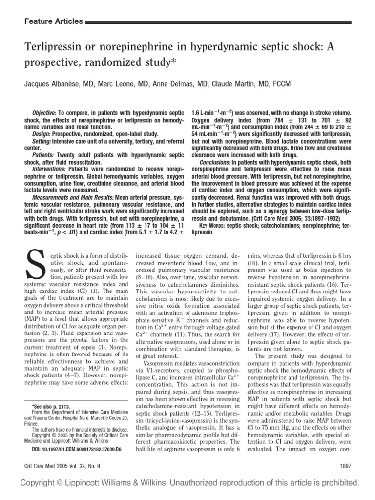 Terlipressin or Norepinephrine in Hyperdynamic Septic Shock | PDF | Shock (Circulatory) | Sepsis