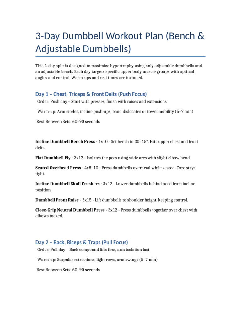 3 Day Dumbbell Workout With Bench | PDF
