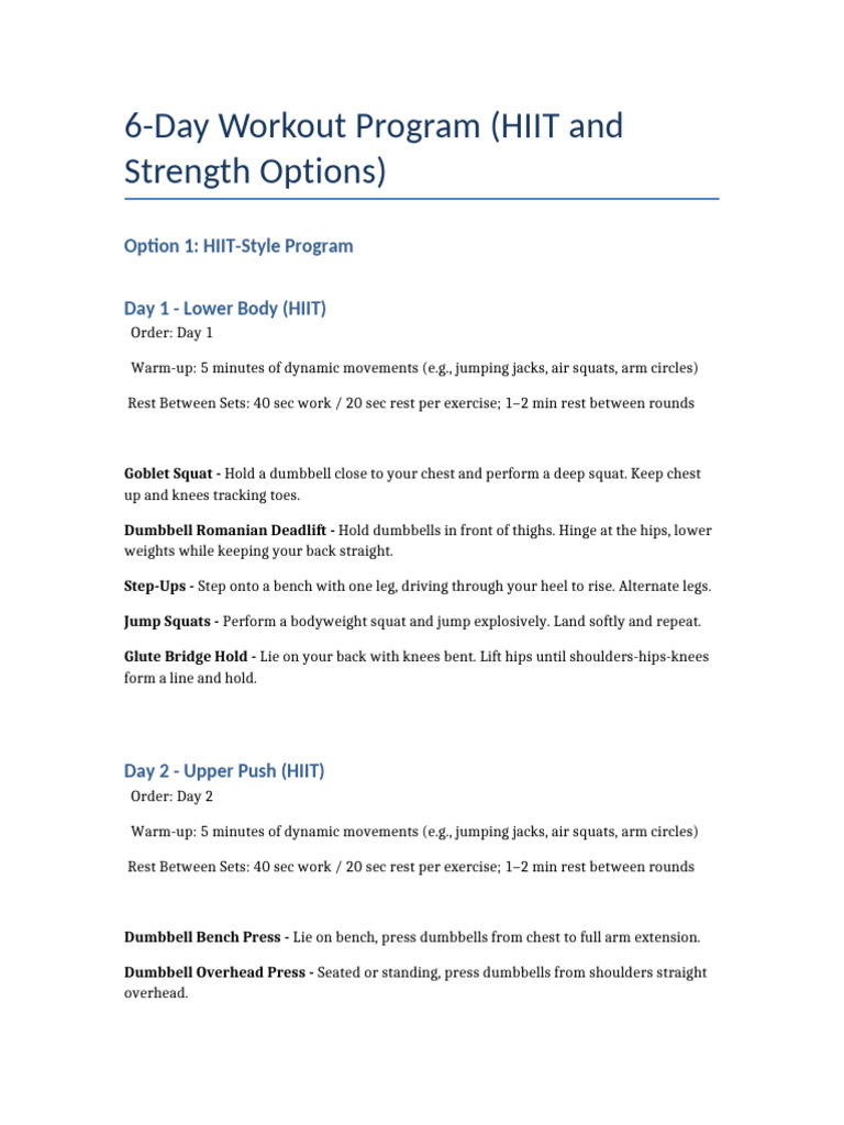 6 Day Workout Program Detailed | PDF | Weight Training | Physical Exercise