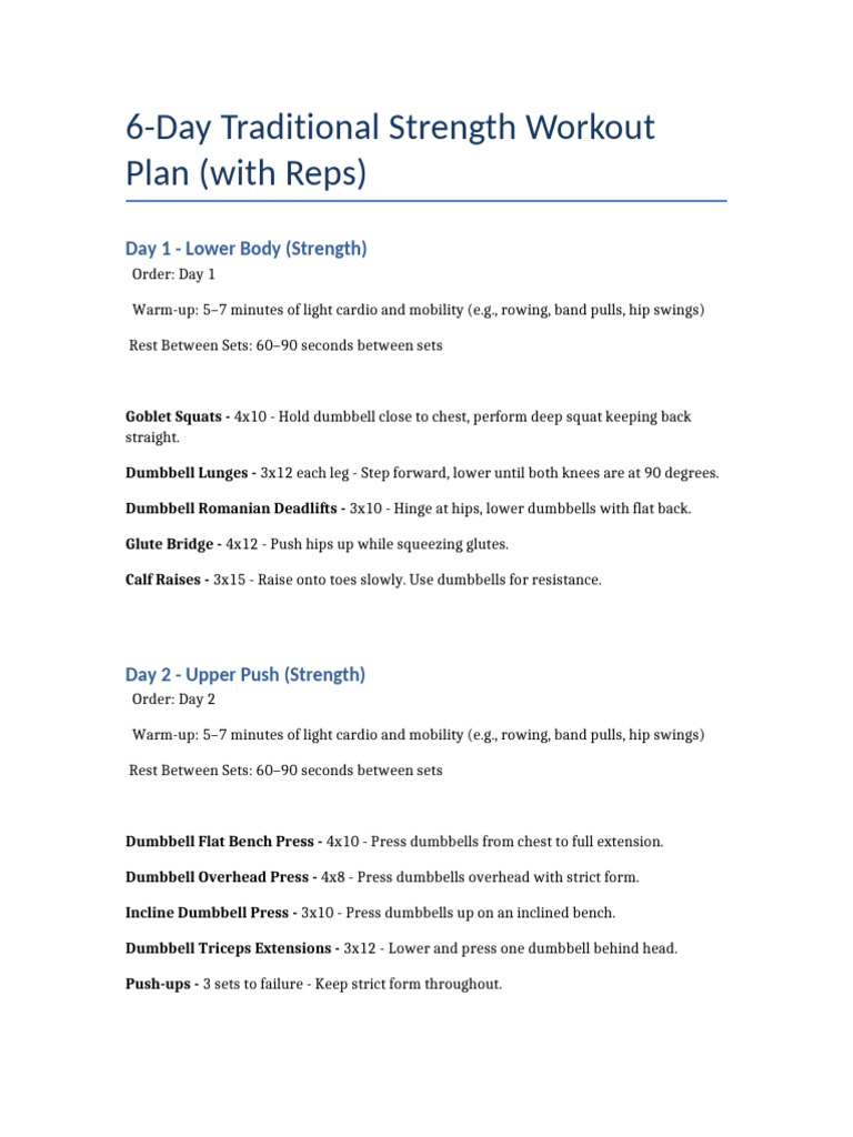 6 Day Strength Workout With Reps | PDF | Weight Training | Physical Exercise