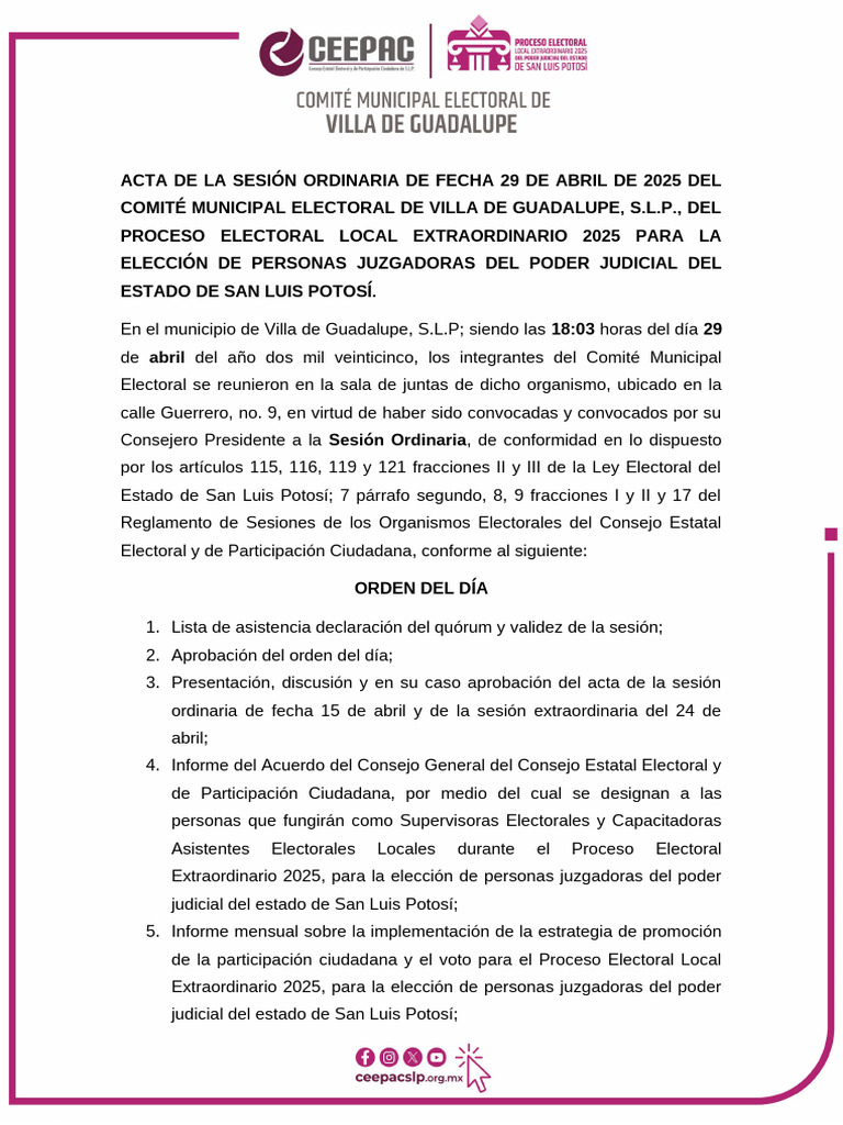 Formato Acta de Sesión Ordinaria Presencial 29 de Abril 2025 CME | PDF ...