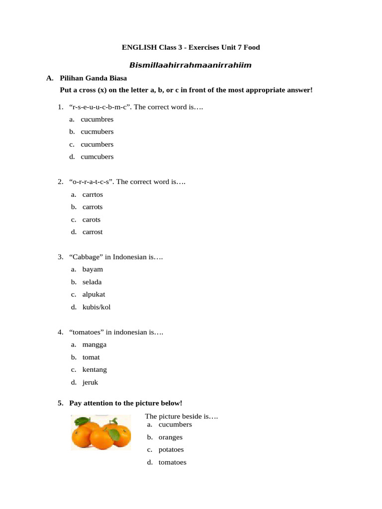 Exercises Unit 7 Food (2) Kelas 3 | PDF | Chess Theory | Chess