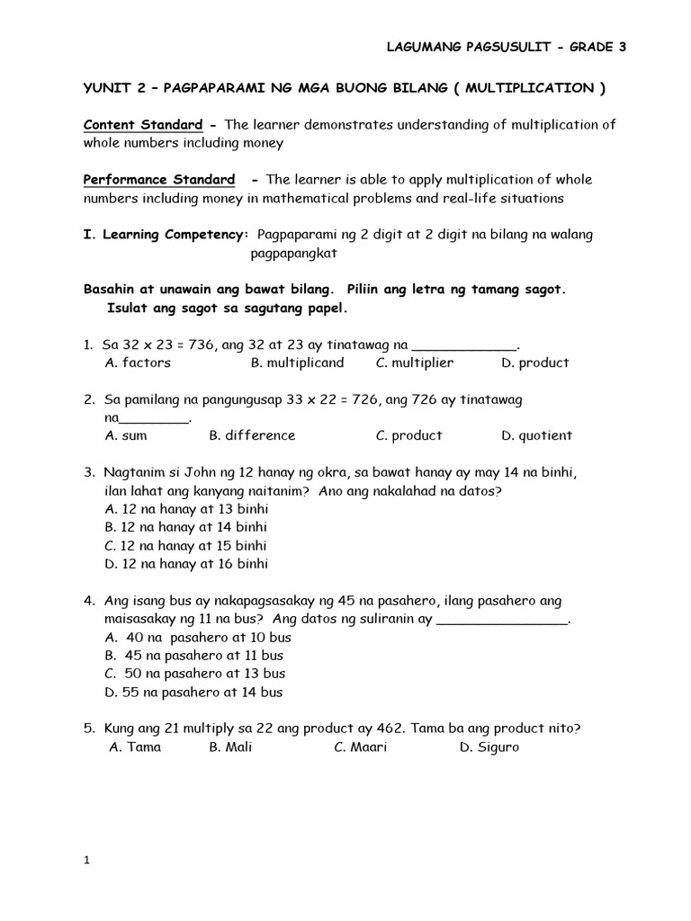 Lagumang Pagsusulit Sa Math Grade 3 - Chiara v. Antonio - Pedro P Cruz ...