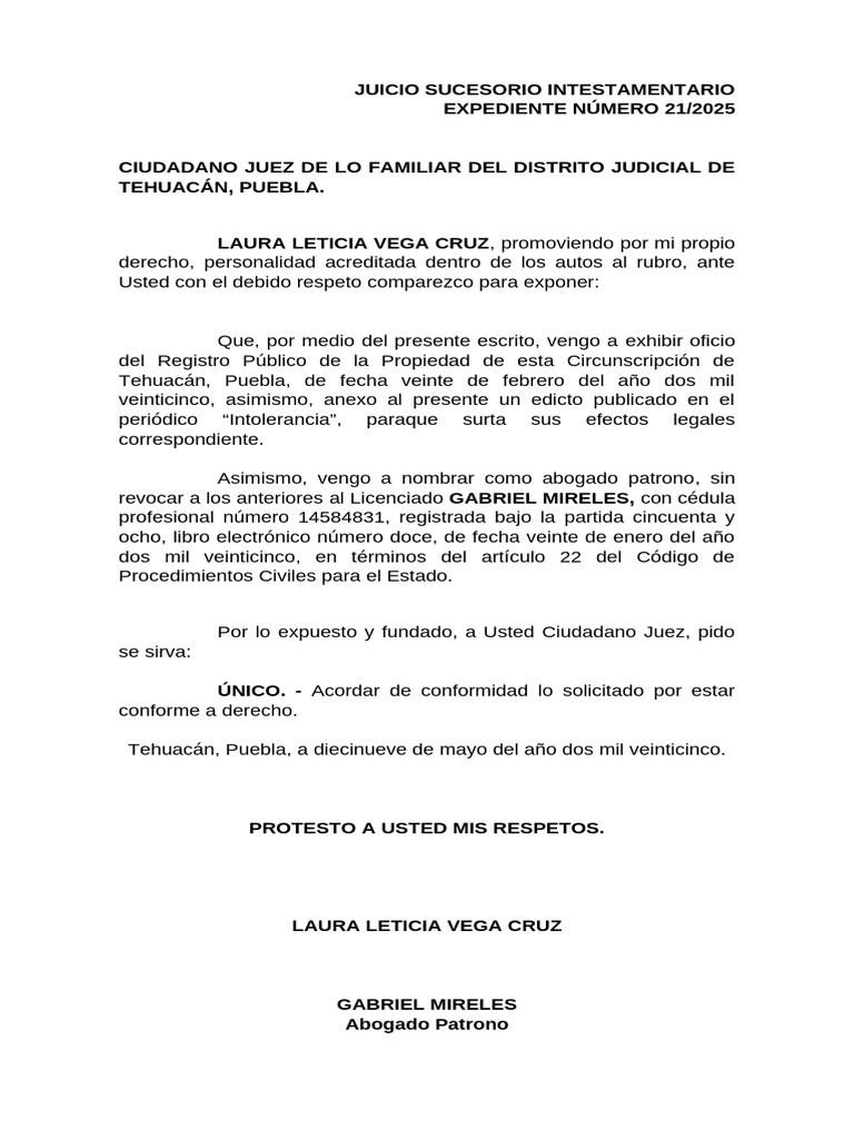 0escrito para Exhibir Oficio Del RPP y Edicto Exp. 21 Del 25 Sra Laura | PDF