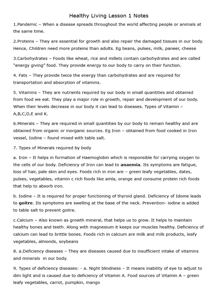 Healthy Living Lesson 1 Notes | PDF | Vitamin | Foods