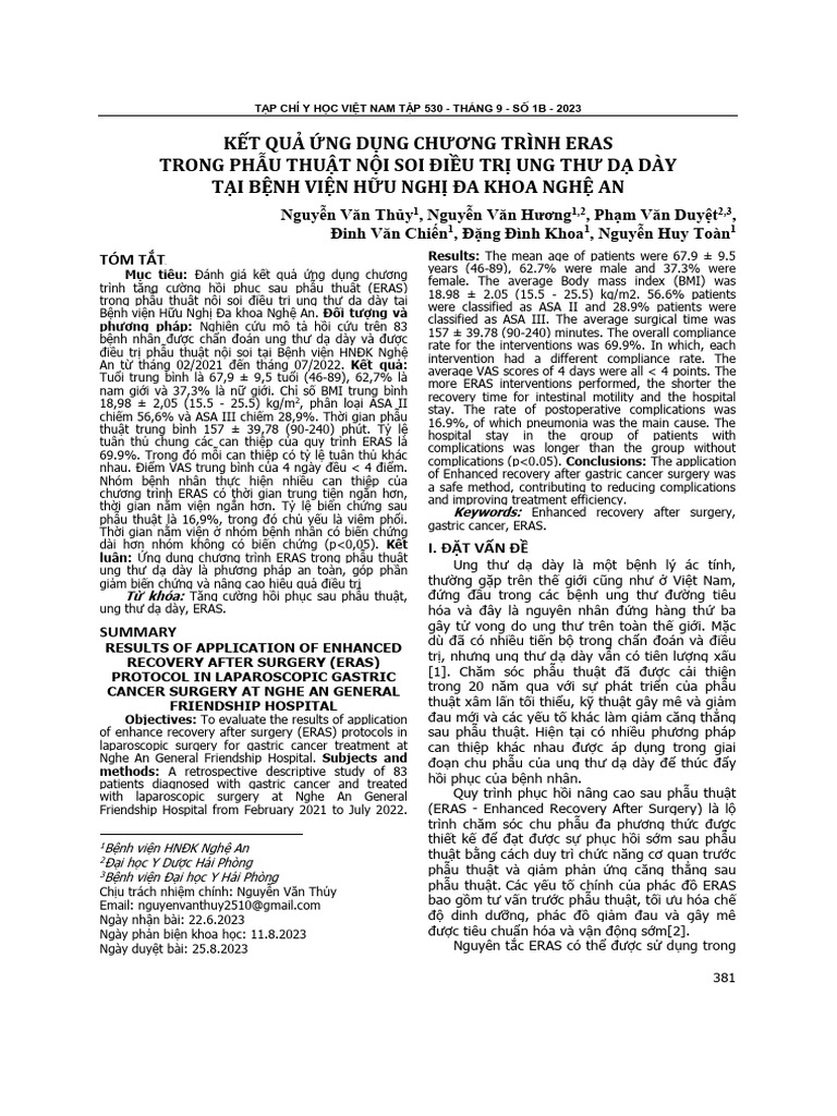 Ket Qua Ung Dung Chuong Trinh ERAS Trong Phau Thuat Noi Soi Dieu Tri ...
