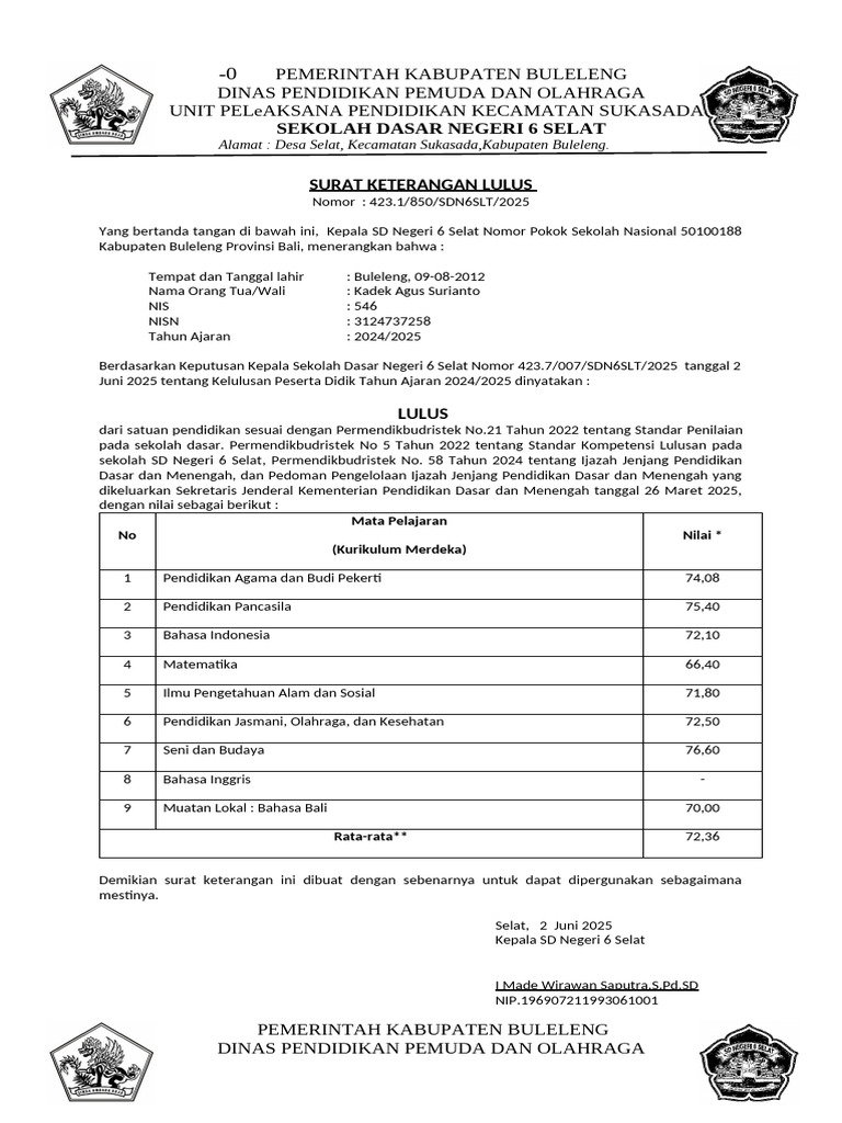 Surat Keterangan Lulus SD 6 Selat 2025 | PDF