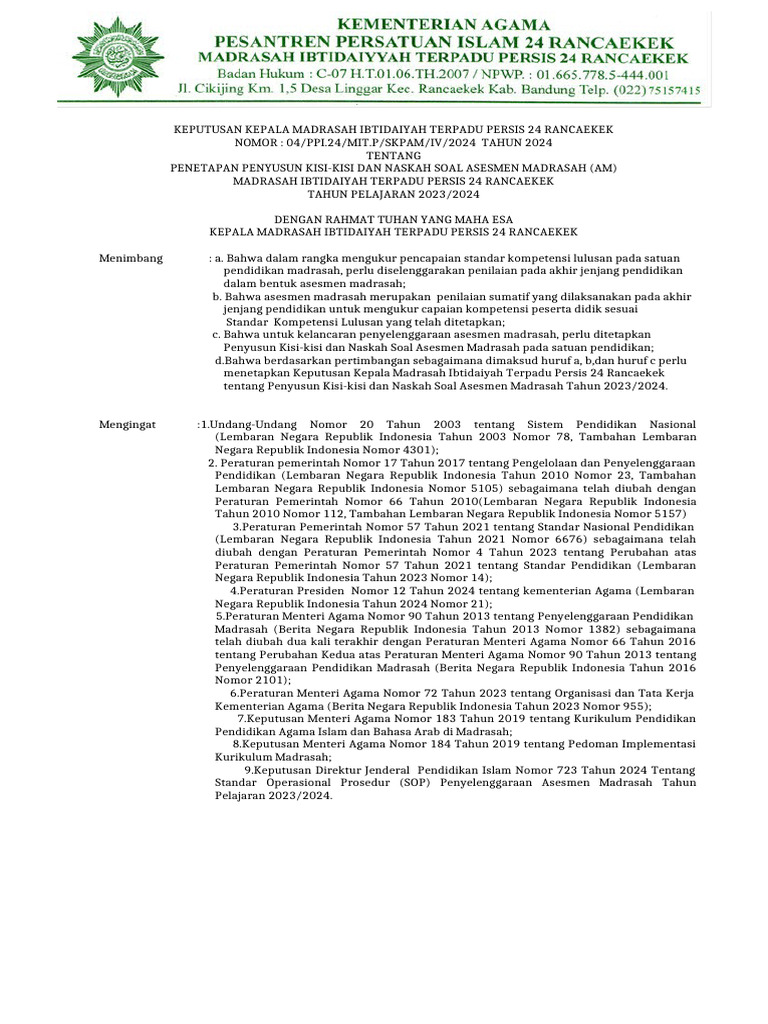 SK Tim Penyusun Kisi-Kisi Dan Pembuat Naskah Soal AM 2023-2024 | PDF