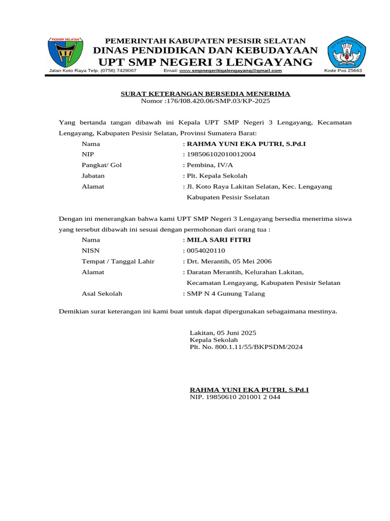 Surat Keterangan Bersedia Menerima | PDF