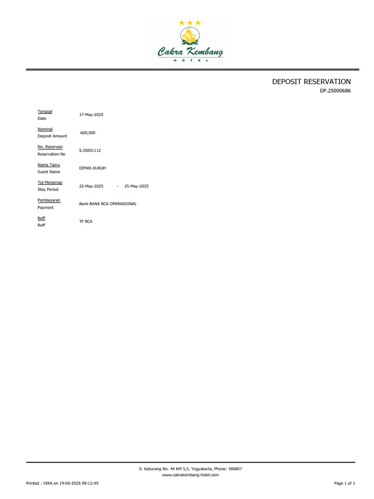 Hotel Deposit Reservation Details | PDF