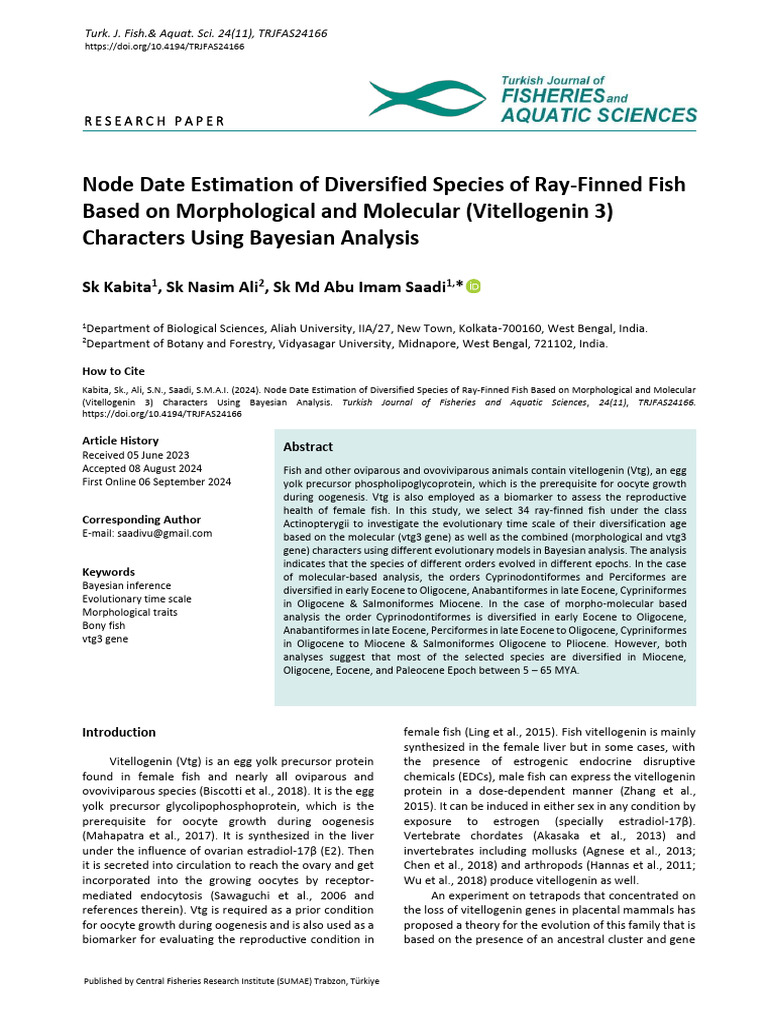 Node Date Estimation of Diversified Species of Ray-Finned Fish Based On Morphological and ...