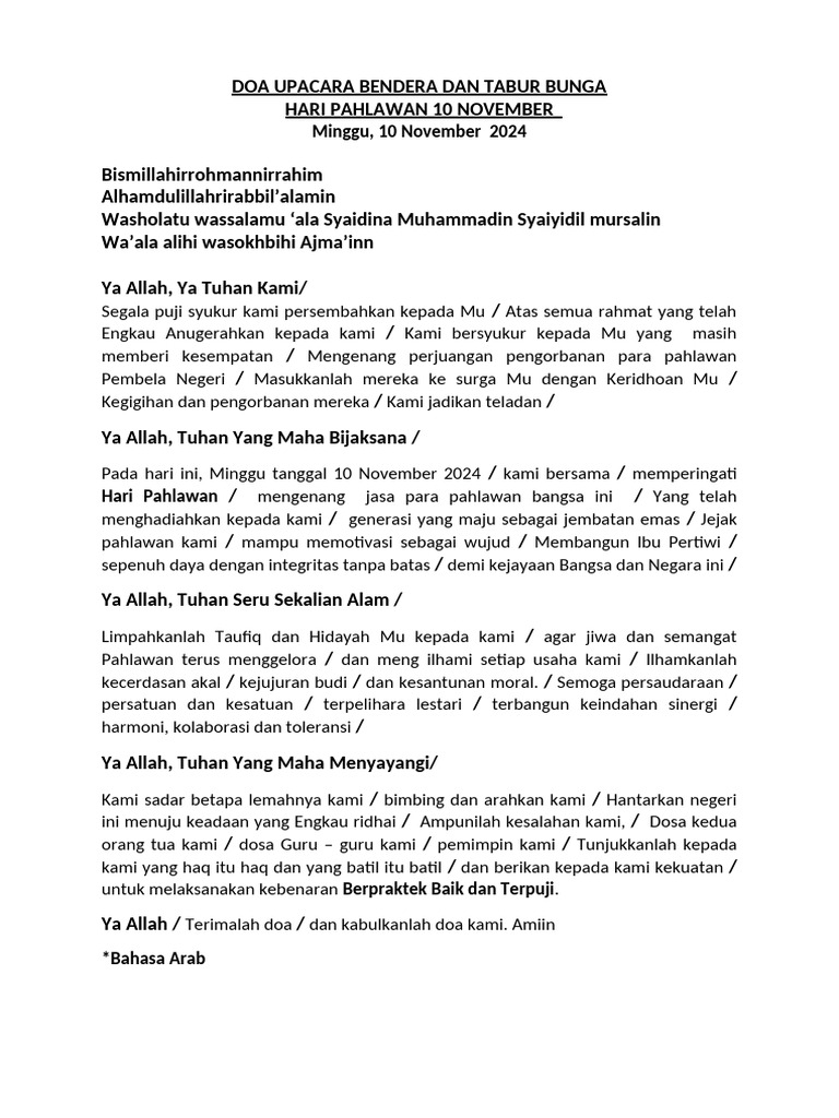 Doa Upacara Bendera Dan Tabur Bunga 10 November 2024 | PDF