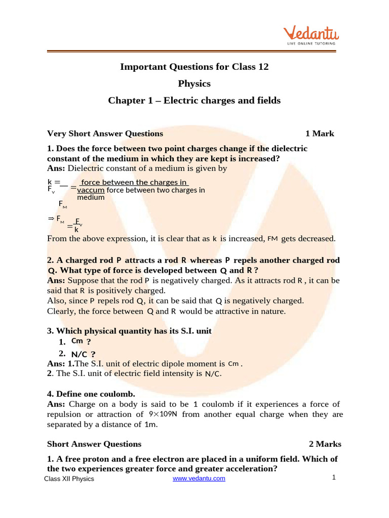 Class 12 Electric Charges and Fields Important Questions FREE PDF | PDF ...