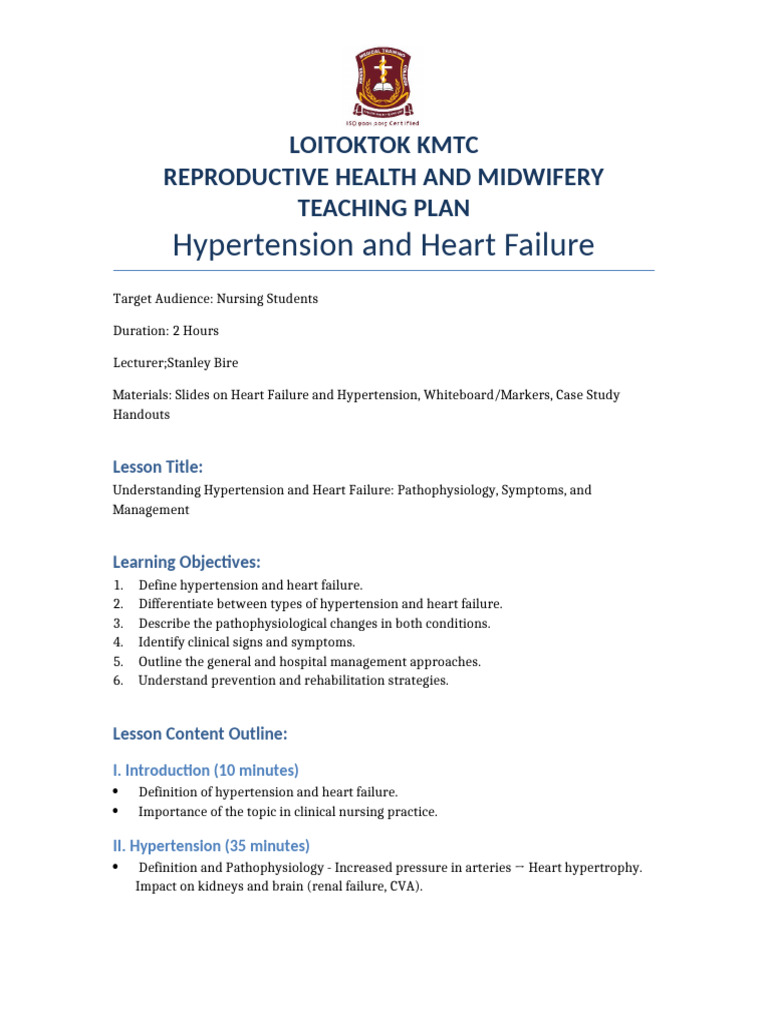 Lesson Plan Hypertension Heart Failure | PDF | Heart Failure | Hypertension