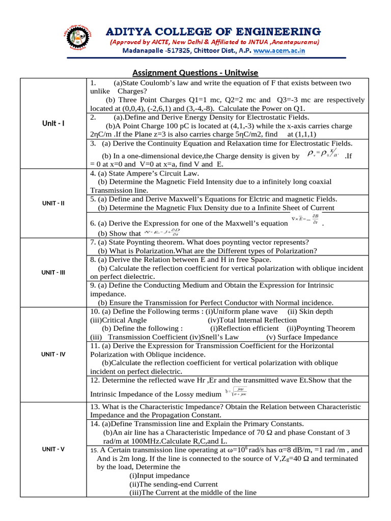 Assignment Questions - Unit Wise EMTL | PDF | Antenna (Radio) | Transmission Line
