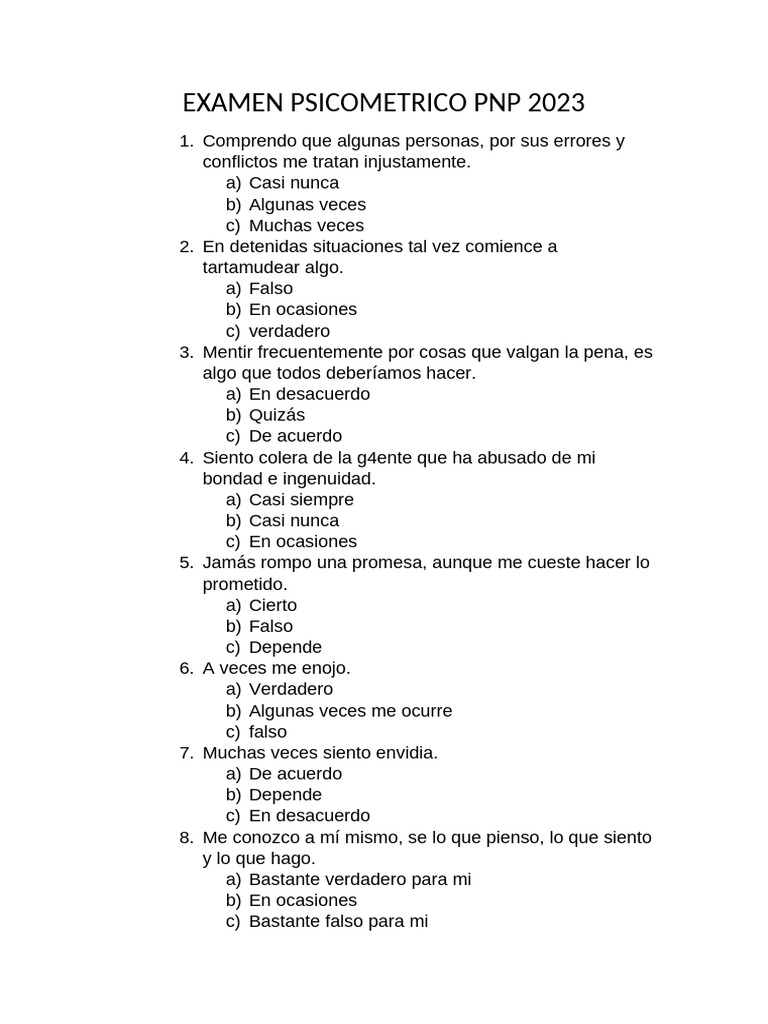 Examen Psicometrico PNP 2023 | PDF