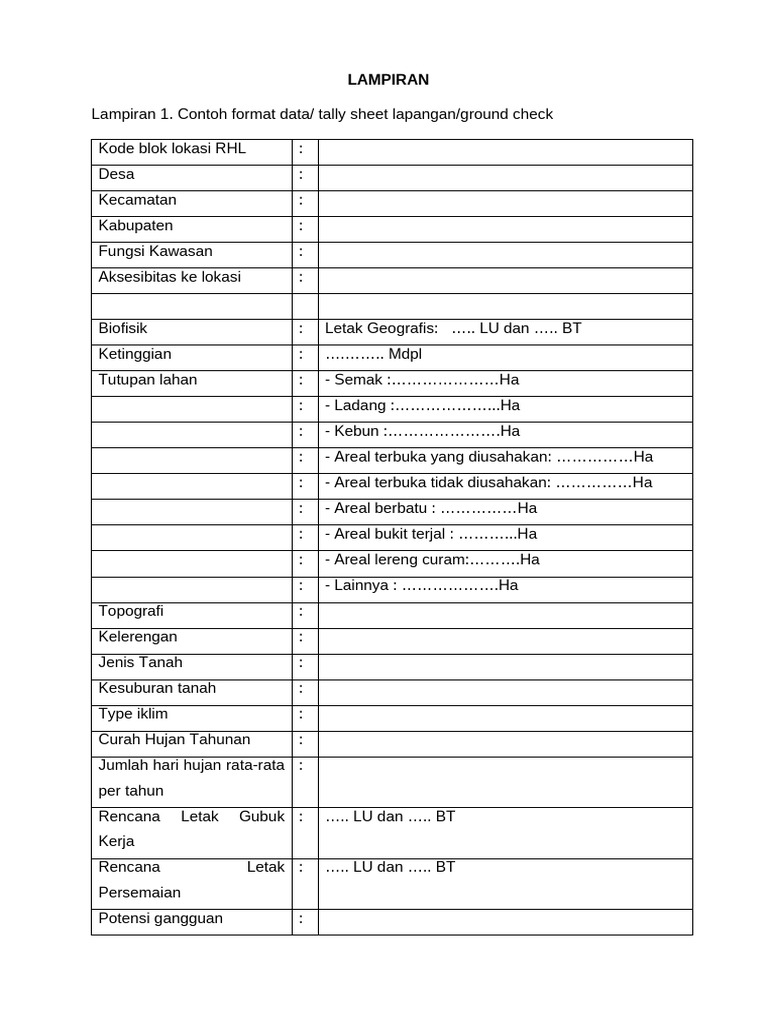 Contoh Tally Sheet Lapangan RHL | PDF