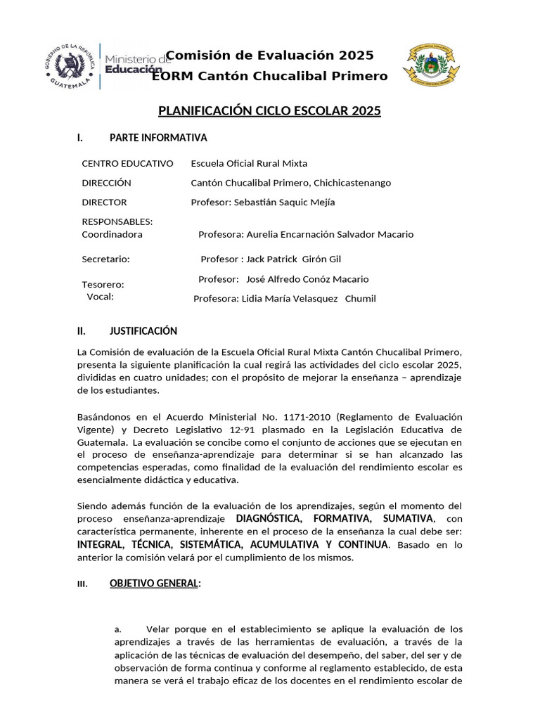 Planificación Escolar 2025 EORM Chucalibal | PDF | Evaluación | Enseñando
