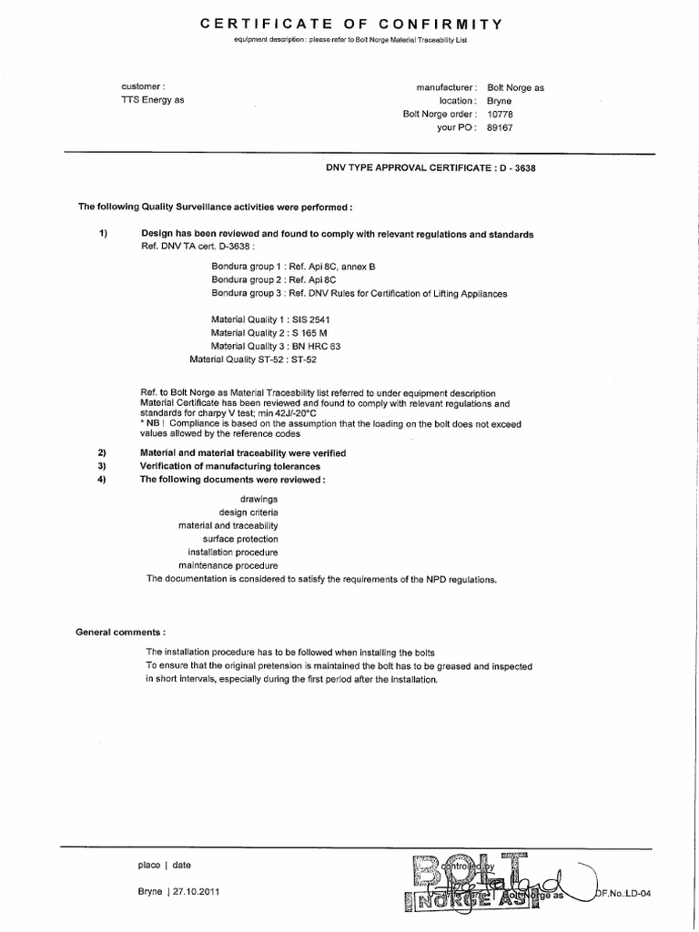 7.2 BONDURA BOLT - Certificates - Bolt Norge | PDF